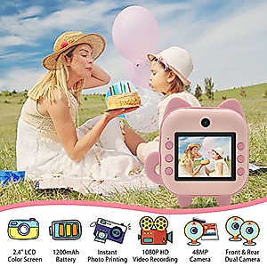Instant Print Camera for Kids,Zero Ink Kids Camera with Print Paper,Selfie Video Digital Camera with HD 1080P 2.4 Inch IPS Screen,3-14 Years Old Children Toy Learning Camera for Birthday,Chistmas-Pink