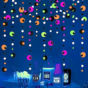 Halloween Eyeballs Garland Decorations Orange Purple Black Green Neon Paper Bunting Banner Streamers Black Light Circle Dots Hanging Decorations for Halloween All Hallows Eve Birthday Party Supplies