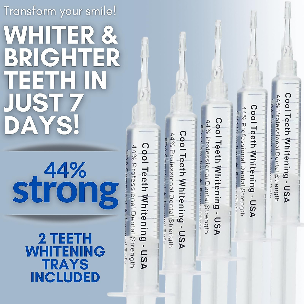 Teeth Whitening Gel for Trays 5 Pcs Fast Acting Teeth Whitening Gel Refill with Strongest 44% Carbamide Peroxide Gel, 2 Bleach Trays Included for Teeth Bleach, Enamel Safe, Gluten Free and Vegan