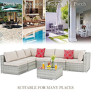 Polaris Garden 7 Pieces Patio Furniture Sets, All-Weather Grey Wicker Outdoor Sectional Couch, Patio Rattan Conversation Sofa Sets with Glass Coffee Table and Washable Cushions for Garden Yard (Beige)