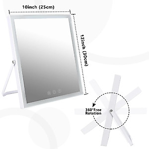 Vanity Mirror with Lights,10"x12" Lighted Makeup Mirror, 3 Colors Dimmable, 360 Degree Rotation Makeup Mirror with Lights, Dual Power Supply, Portable Led Makeup Mirror, Smart Touch Control (White)