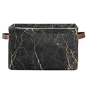 WELLDAY 2PCS Storage Basket Black Gold Marble Pattern Large Foldable Storage Bin Cube Collapsible Organizer