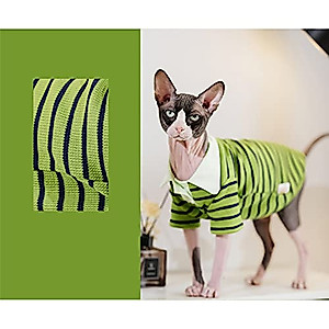 Sphynx Hairless Cat Clothes Autumn Waffle Stripe Lapel Polo Shirts Breathable Thicken Cotton T-Shirts with Sleeve Kitten Shirts Pet Clothes (M (6-7.7lbs), Black Green Polo)