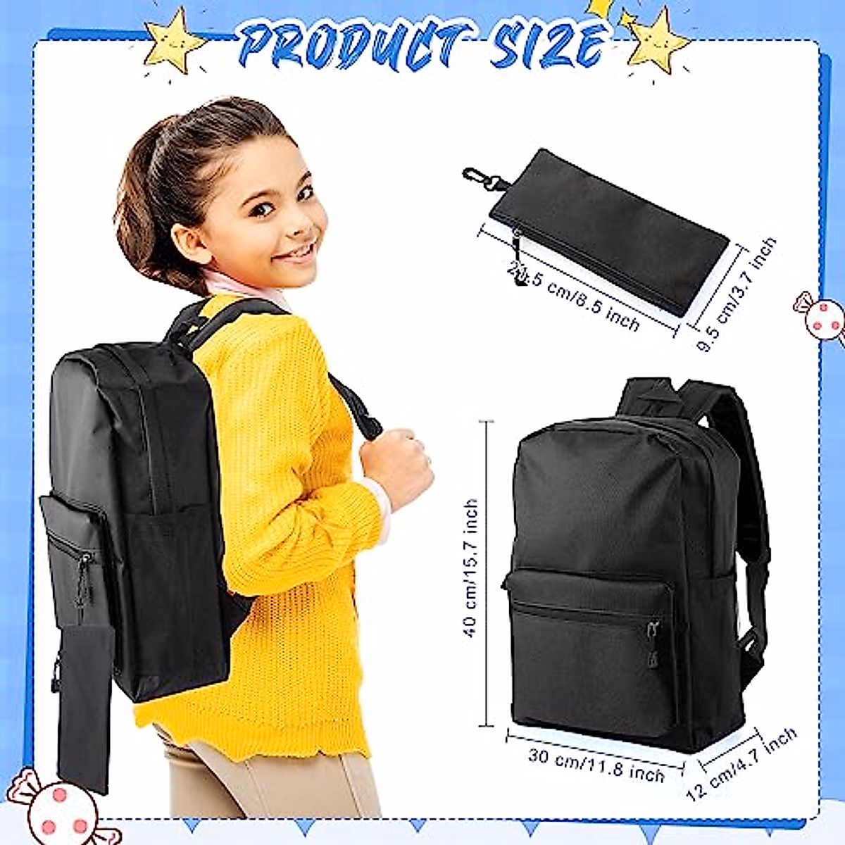 Silkfly 12 Pcs School Backpacks for Kids with 12 Zipper Pencil Pouch Lightweight Bookbags Bulk Classic Pencil Case for Student School Supplies (Black)
