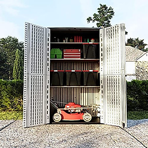 KINYING Outdoor Storage Shed Waterproof, Resin Vertical Storage Cabinet Double-Layered, Versatile to Store Patio Furniture, Garden Tools, Pool Accessories,Mower (52 Cu.ft,White)