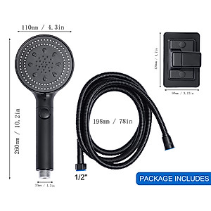 SoaShower High Pressure Handheld Shower 5-Settings、Leakproof Extra Long 78 Inch Stainless Steel Hose、Adhesive Shower Head Holder（Height/Angle Adjustable）、Matte black(Classic)、ON/OFF Pause Switch