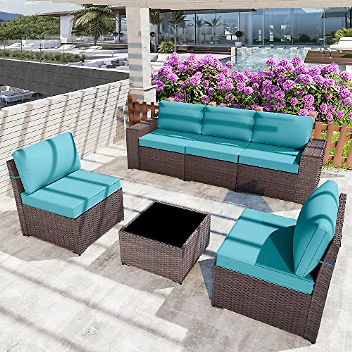 Piltwoff 2023 New 6 Pieces Outdoor Patio Conversation Sets, Modern All-Weather Outdoor Patio Furniture Sets with 5 Chairs, Coffee Table, Cushion Sets for Garden/Backyard/Balcony