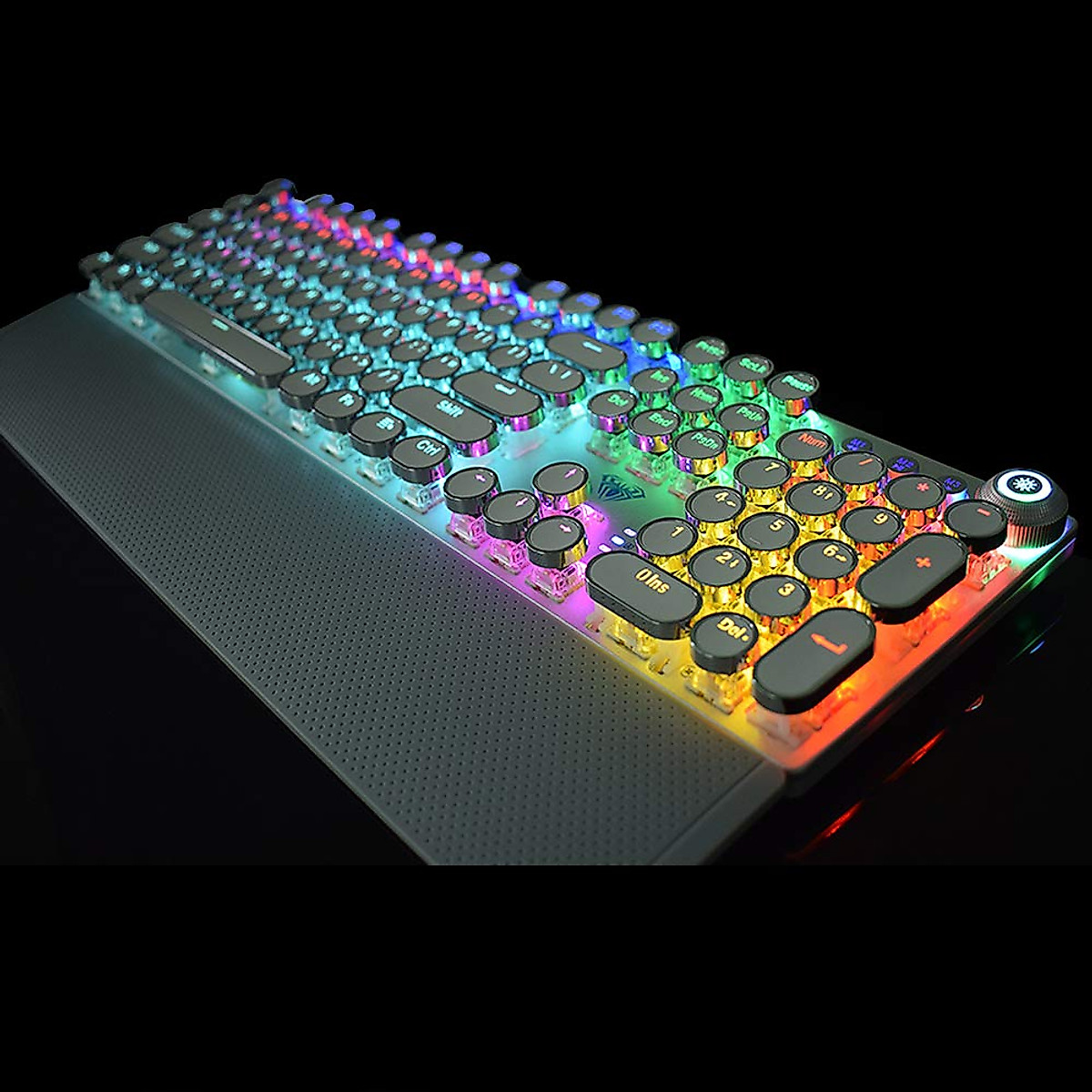 CHICHEN Mechanical Gaming Keyboard,USB Wired,Retro Steampunk Typewriter Keyboard Round Keycaps,Moveable Wrist Rest,for Laptop Desktop PC (Silver-Blue Switches)
