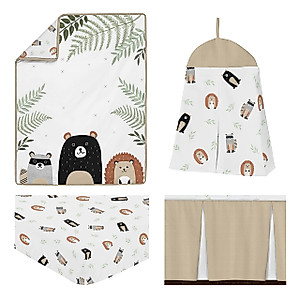 Sweet Jojo Designs Bear Raccoon Hedgehog Forest Animal Woodland Pals Baby Unisex Boy or Girl Nursery Crib Bedding Set - 4 Pieces - Neutral Beige, Green, Black and Grey