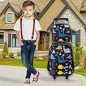 gxtvo Kids Rolling Backpack, Roller Wheels Boys Bookbag - Wheeled Suitcase Elementary School Bag - 3PCS Dinosaur