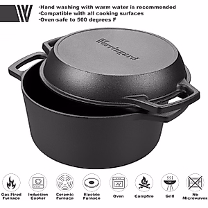 VORRINGARD Pre-seasoned Cast Iron Double Dutch Oven Pot with Skillet Lid, Dual-handle, for Bread Baking, Outdoor, Campfire Cooking, 5 Quart
