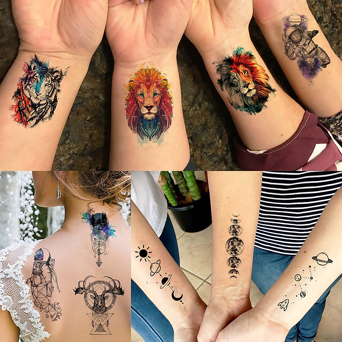 32 Sheets Cute Outer Space Temporary Tattoos For Kids Women, Watercolor Astronaut Planets Star Moon Fake Tattoo Sticker for Boys Girls Children