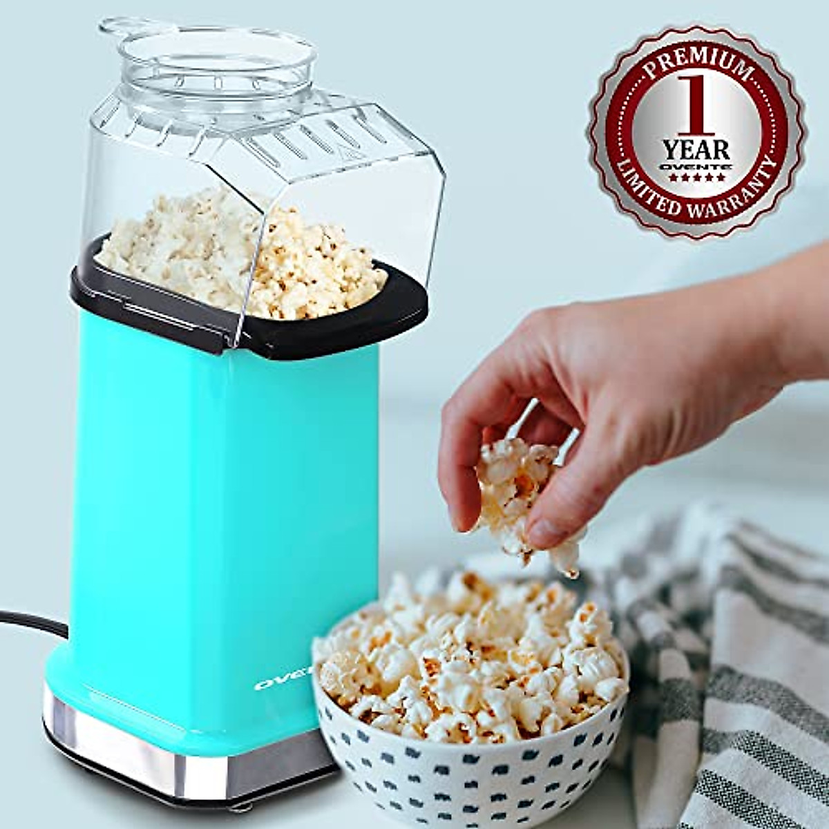 Ovente Hot Air Popcorn Maker 16-CUP capacity with Detachable Measuring cup, BPA Free, No Oil Needed, 1400W, Turquoise, PM11T