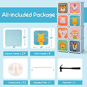 HONEY JOY Kids Wardrobe Closet, Baby Cartoon Clothes Storage Organizer, 8 Cubes & 2 Hanging Sections, Portable Children DIY Modular Bedroom Armoire Dresser Cabinet for Boys Girls (Blue, 8-Cube)