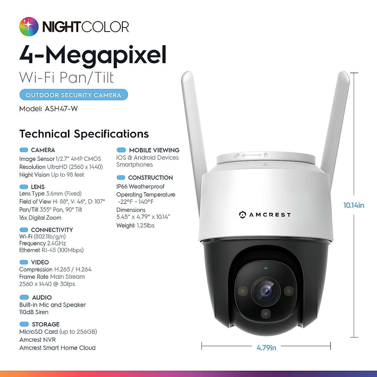Amcrest 4MP Outdoor PT WiFi IP Camera Pan Zoom (Digital 16x) SmartHome WiFi Camera Security Speed Dome, Motorized Tilt, 98ft Nightcolor, (2.4Ghz), 107º FOV, IP66, 4MP, ASH47-W