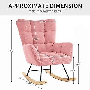 Furnimart Rocking Chair, Nursery Glider Rocker with High Backrest, Upholstered Glider Rocking Chairs for Nursery, Pink Comfy Reading Chair, Teddy Fabric Side Chair for Living Room, Bedroom