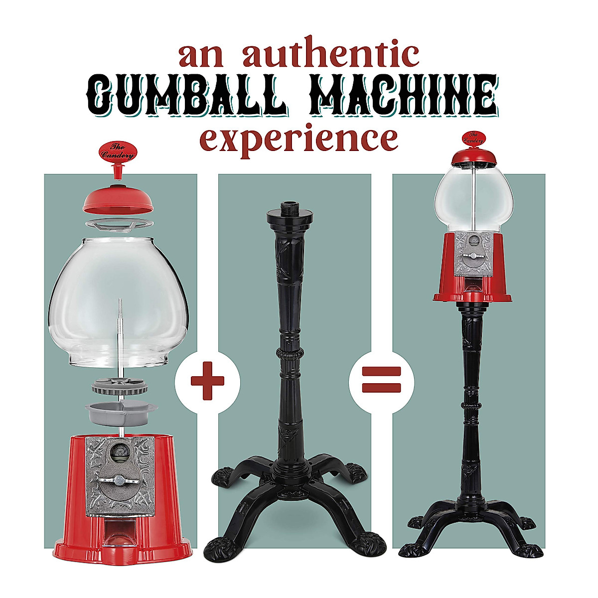 Gumball Machine - 15 Inch Candy Dispenser with Stand for 0.62 Inch Bubble Gumball - Heavy Duty Red Metal with Large Glass Bowl - Easy Twist-Off Refill - Free or Coin Operated - by The Candery