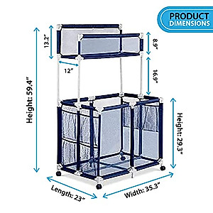 Essentially Yours Pool Noodles Holder, Toys, Floats, Balls, Equipment Mesh Rolling Double Decker Storage Organizer Bin, Large with Noodle Holder, (35.3" W x 23" L x 59.4" H), Blue Style 561935