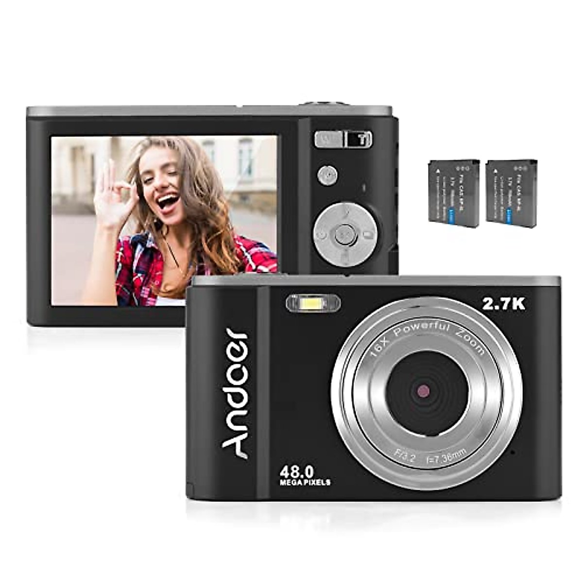 Andoer Portable Digital Camera 48MP 2.7K 2.88-inch IPS Screen 16X Zoom Auto Focus Self-Timer 128GB Extended Memory Face Detection Anti-Shaking with 2pcs Batteries Hand Strap Carry Pouch