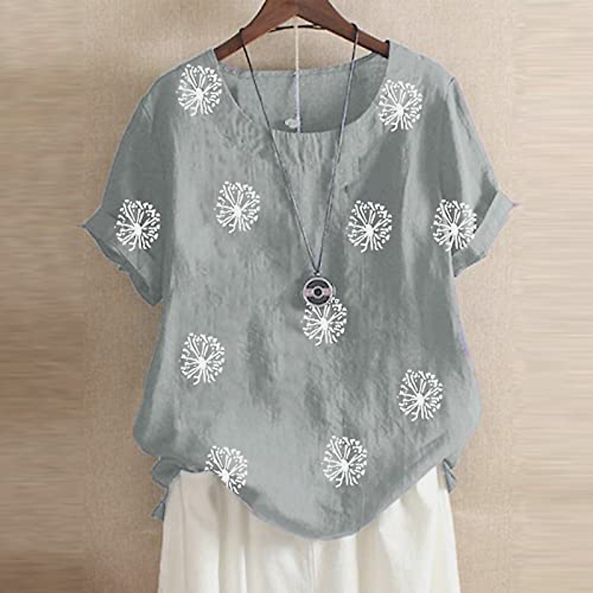 SMIDOW Cute Linen Tops for Women 2023 Summer Dandelion Print Shirts Short Sleeve Crewneck Shirt Loose Blouse Dressy Casual Spring Fashion Trends Gray XL
