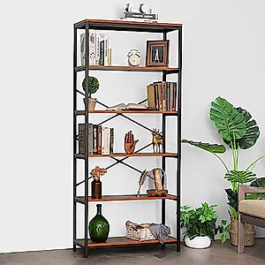 Devo Bookshelf, Industrial Book Shelf Large Storage Shelves, Display Shelf Tall Bookcase Metal Bookshelves, 6 Tier Bookcases Wood Heavy Duty Shelving Unit for Bedroom,Office and Living Room, Vintage