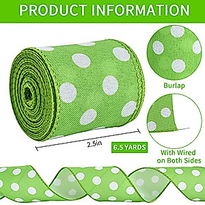 TONIFUL 2.5 Inch Wired Edge Ribbon, Green Polka Dots Burlap Ribbon, Summer Spring Wired Ribbon, for Gift Wrapping, Wreath Bows Making, Crafts Home Decoration, Easter Decor（Green，6yds）