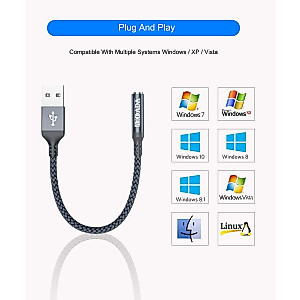 AkoaDa USB to Audio Jack Adapter(18cm), External Sound Card Jack Audio Adapter with 3.5mm Aux Stereo Converter Compatible with Headset,PC, Laptop, Linux, Desktops, PS4 and More Device (Grey)
