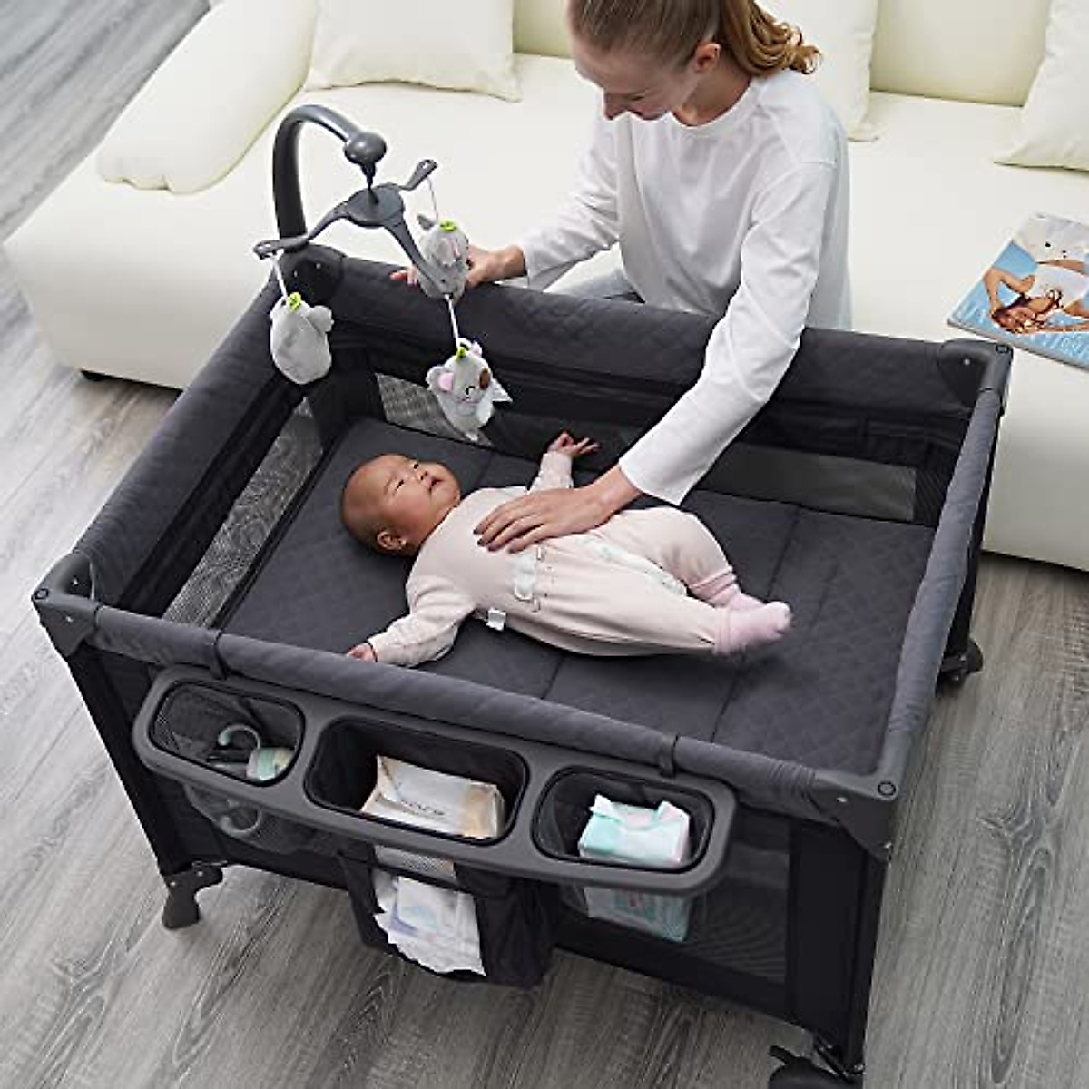 Pamo Babe Portable Crib for Baby, 4 in 1 Baby Nursery Center, Baby Playard with Changing Table, Bassinet and Mattress(Grey）