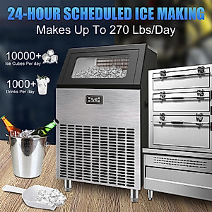 Commercial Ice Maker Machine, 270lbs/24H Stainless Steel Under Counter Ice Machine with 55lbs Ice Storage Capacity, Freestanding Cubic Ice Maker