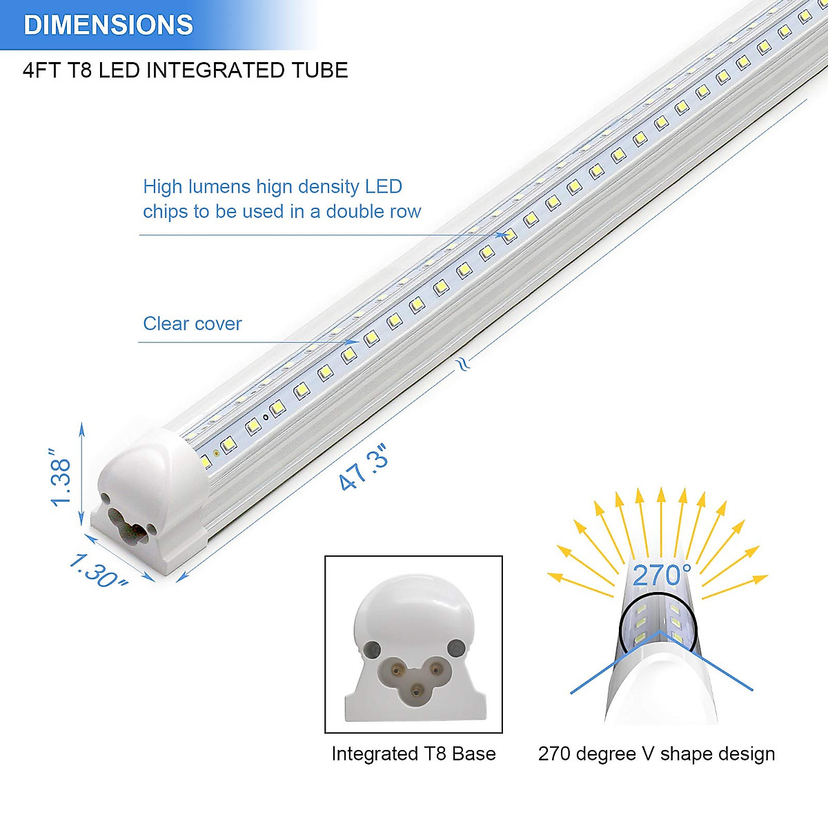 LED Shop Light 4FT 10 Pack, 40W 5400LM 6500K Linkable Shop Light Fixtures, V Shape High Output Clear Cover T8 LED Tube Light Plug and Play, 4 Foot LED Shop Light for Garage Warehouse Basement