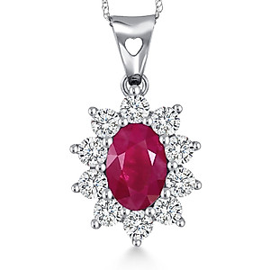 Gem Stone King 10K White Gold Oval Gemstone Birthstone & White Created Sapphire Halo Necklace | Oval 7X5MM Pendant Necklace for Women | White Gold Necklace | with 18 Inch Chain