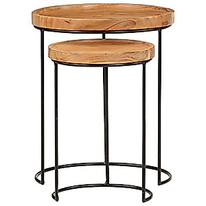 QJBSAVVA 2 Piece Coffee Table Set Solid Acacia Wood and Steel,Bedside Tables Side Tables End Tables Entrance Tables Suitable for Meeting Rooms, Reception Rooms, Offices
