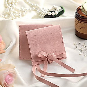 40 Pcs Microfiber Jewelry Pouch 8 x 8 Cm, Jewelry Packaging Bag Luxury Small Jewelry Gift Bags Bow Tie Microfiber Bag for Bracelet Necklace Packaging, Envelope Style with Strings and Divider, Pink