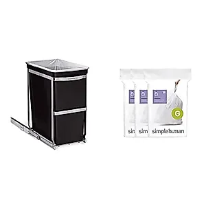 simplehuman 30 Liter / 8 Gallon Under Counter Kitchen Cabinet Pull-Out Trash Can, Heavy-Duty Steel Frame & Code G Custom Fit Drawstring Trash Bags in Dispenser Packs, 30 Liter / 8 Gallon, White