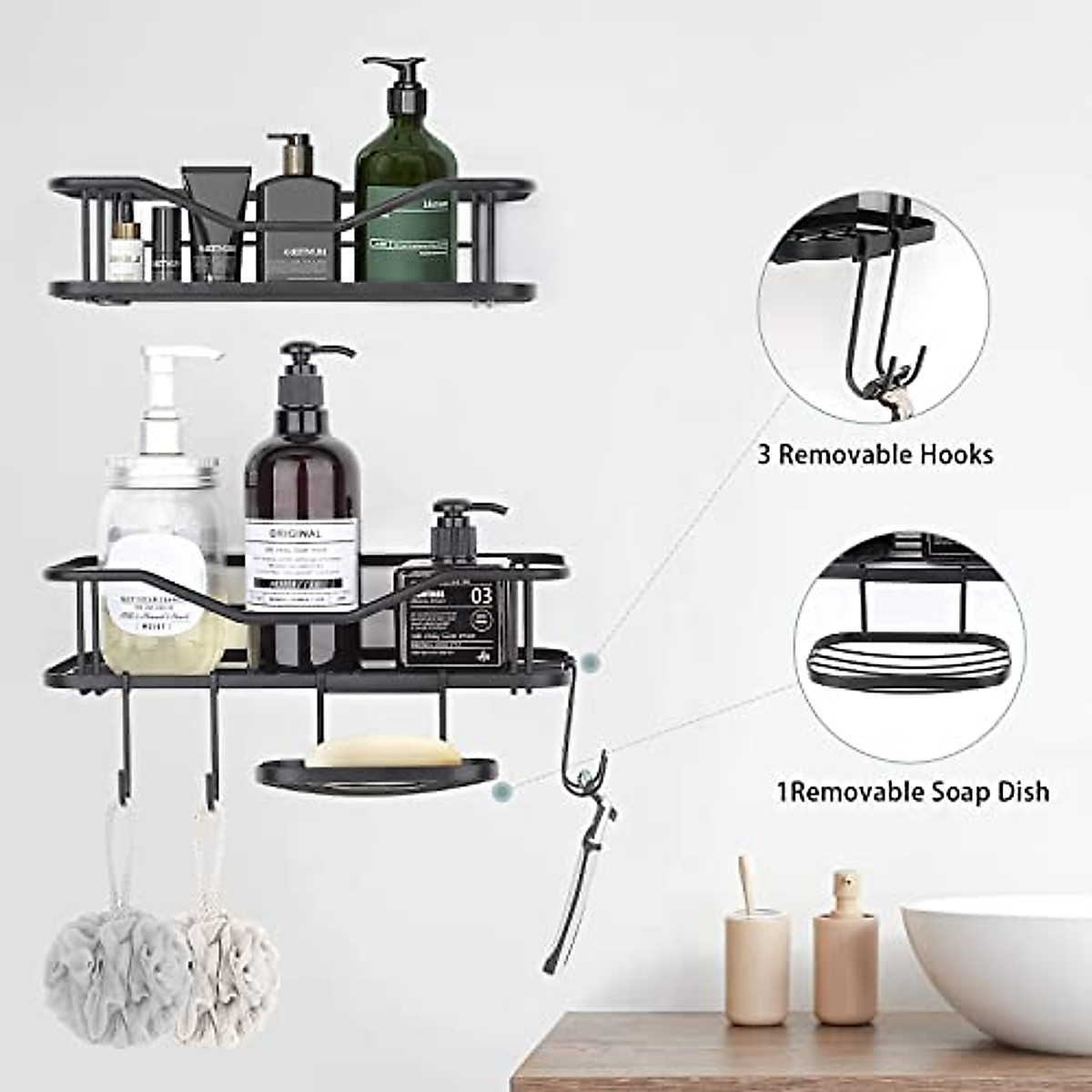 MXARLTR Adhesive Shower Caddy Shower Shelves, Shower Shelf for Inside Shower, No Drilling Wall Mounted Shower Basket Shelf with 3 Hooks, Kitchen Spice Rack Bathroom Shower Organizer 3 Pack, Black