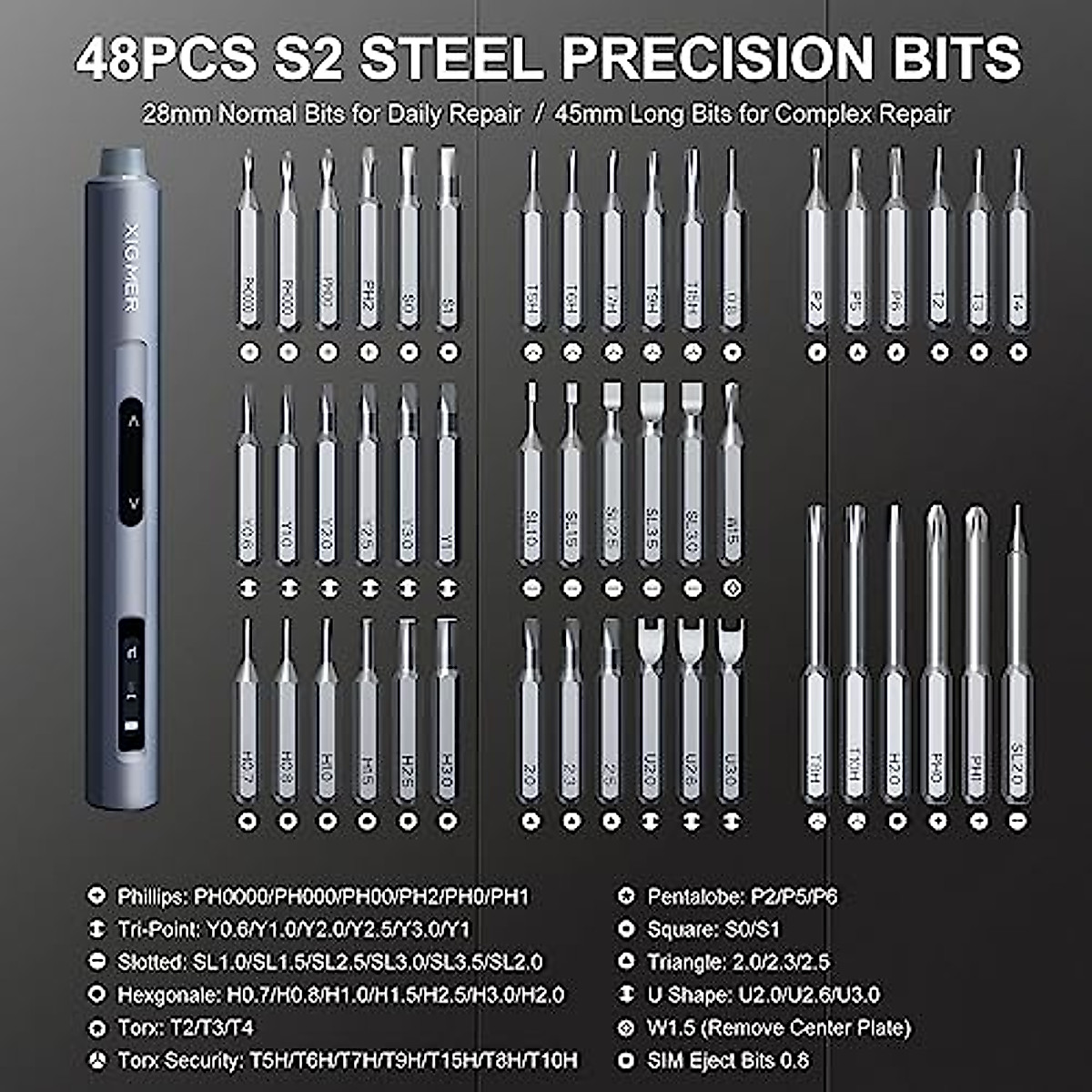 Electric Screwdriver,52 in 1 Mini Precision Screwdriver Set with 48 Magnetic Bits Cordless Kit,5 Gears Torque,OLED Display,XIGMER Rechargeable Small Electronic Repair Tool Kit for PC Phones Watch