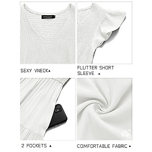 MEROKEETY Women's 2024 Summer Smocked V Neck Tiered Swing Long Midi Dress with Pockets, White, S