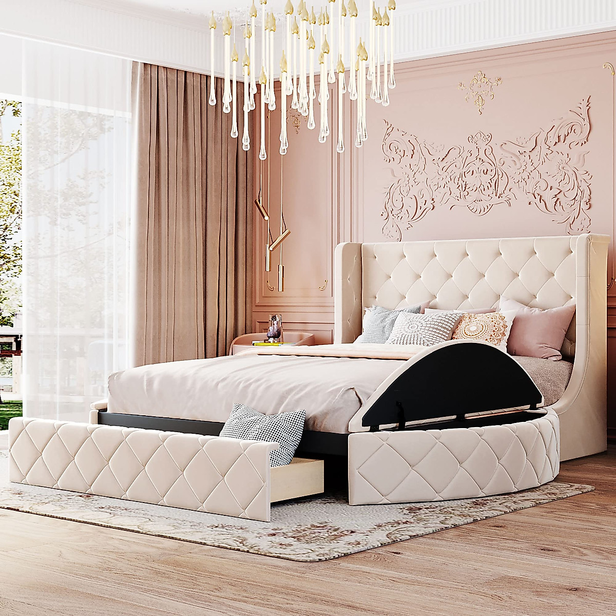 Yehha Queen Size Velvet Upholstered Platform Bed with 2 Side Storage Stool and 1 Storage Drawer, Victorian Style Velvet Headboard, Noise-Free and No Box Spring Needed, Beige