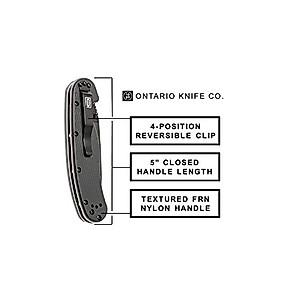 Ontario Knife Company 8846 Rat-1 Black Coated AUS-8 Stainless Steel 3.6 in Plain Edge Blade Nylon Handle 4-Position Reversible Clip Folding Knife for Outdoor, Tactical, Survival & EDC (Black)