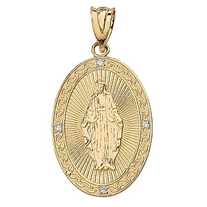 Religious Jewelry 10k Yellow Gold Blessed Virgin Mary Miraculous Oval Medal Diamond Pendant (1")