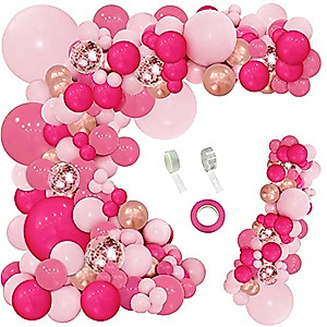 PERPAOL 143Pcs Rose Pink Balloon Garland Arch Kit, Hot Pink Metallic Rose Gold Chrome Balloons for Wedding Party Princess Theme Birthday Bridal Shower Decorations