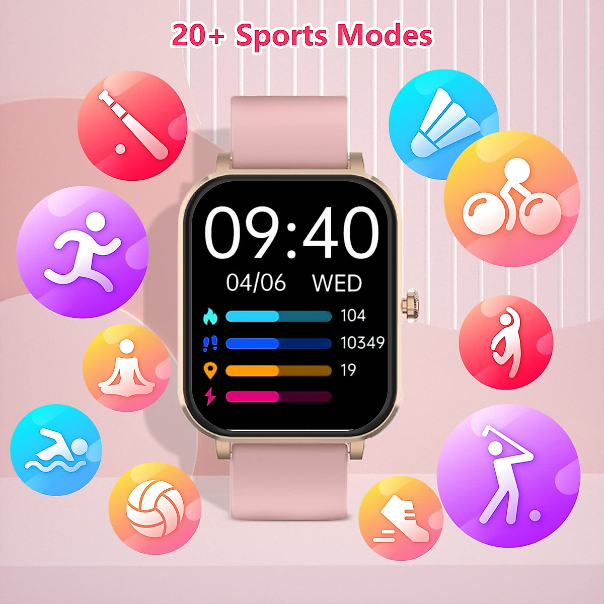 LNTEANE Smart Watch, 1.85" Waterproof Fitness Tracker, Smart Watches for Women with Heart Rate Blood Oxygen Sleep Monitor, Answer/Make Calls, 20+ Sports Modes,DIY Watch Face, AI Voice (Pink)