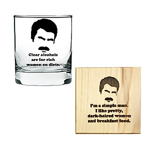 Ron Swanson Rocks Glass and Coaster: Clear Alcohols Are For Rich Women On Diets, I'm A Simple Man, Funny Ron Swanson Quote, Parks and Rec Fan Engraved Barware Drinking Glass, Engraved Black Finish