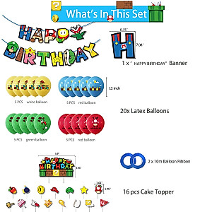 Mario Birthday Party Decoration Set, Super Bros Party Balloon Banner Cake Toppers, Mario Theme Party Decoration
