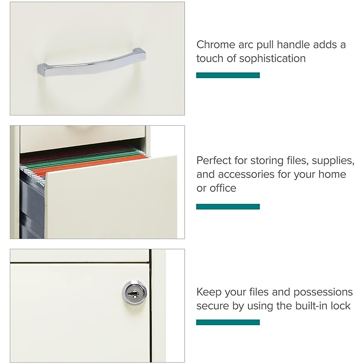 Scranton & Co 18" Deep 3 Drawer Metal Vertical File Cabinet, Letter Size, Locking, Home Office, in Pearl White