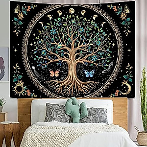 Lunerfex Tree of Life Tapastry Butterfly Moon Flower Boho Floral Plant Tapestries for Bedroom Aesthetic's Wall Hanging Mandala Botanical Tapestry for Living Room Dorm (black, 60x80 inches)