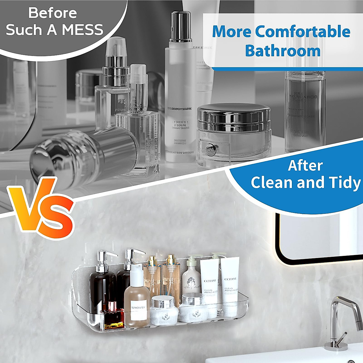 FEPTUASE Acrylic Shower Shelves, Clear Bathroom Shelves, Wall Mount Organizer, No Drilling Transparent, Self Adhesive Shower Caddy for Bathroom ＆ Kitchen Storage (12.6" x 4.33" x 3.54")