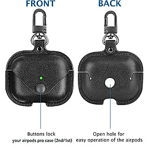 KMMIN Leather AirPods Pro 1 & 2 Case with Secure Snap Keychain,4 in-1 AirPods Pro Accessories Set with AirPods Pro 2019/2022 Protective Case Cover/Storage Bag/Anti-Lost Strap/Clean Brush,Black