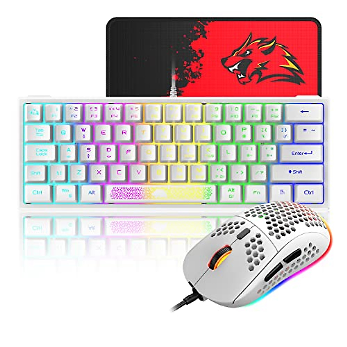 60% Gaming Keyboard and Mouse Combo Samll Mini RGB LED Backlight Mechanical Feeling and RGB 6400 DPI Honeycomb Optical Mouse,Gaming Mouse pad for Gamers and Typists