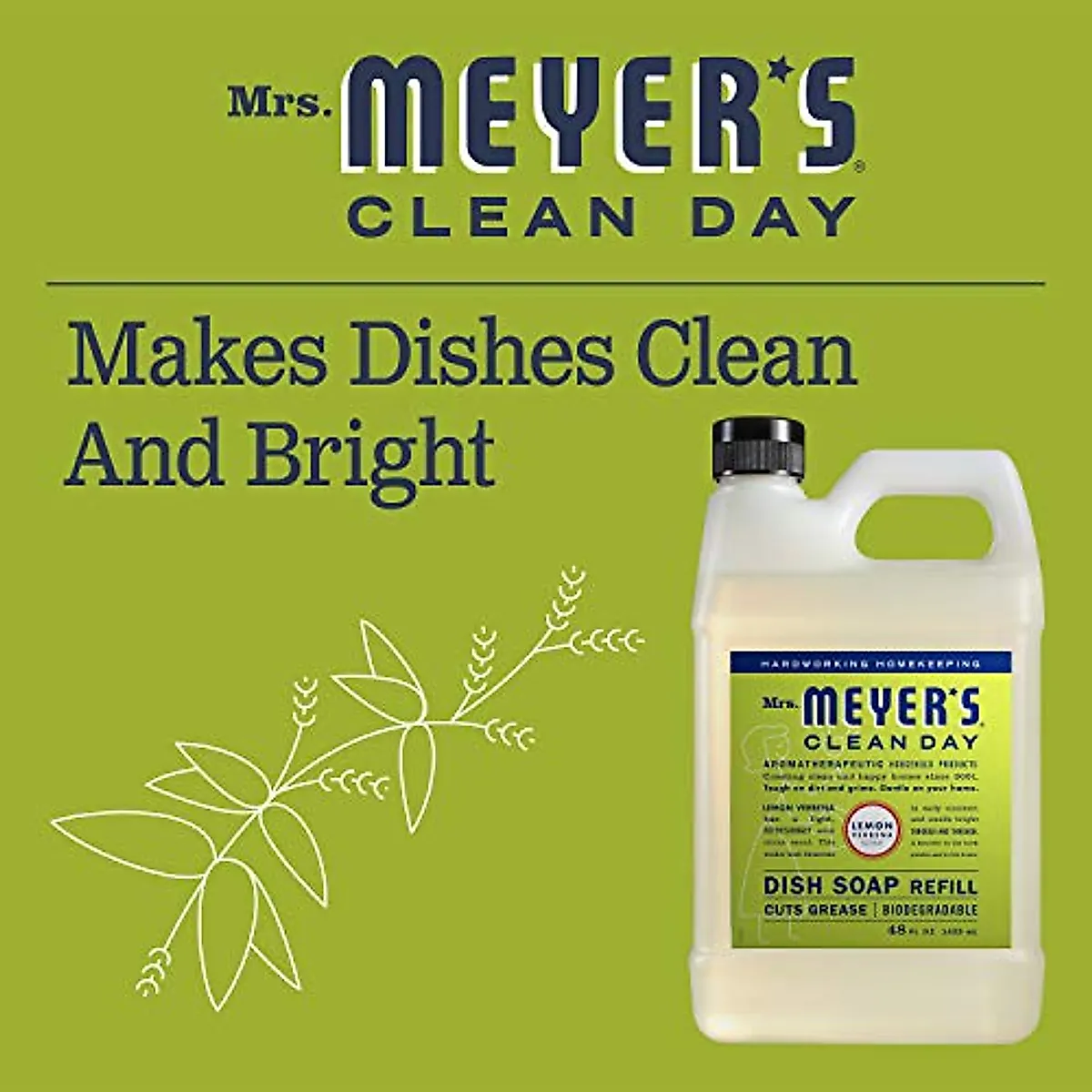 MRS. MEYER'S CLEAN DAY Liquid Dish Soap Refill, Biodegradable Formula, Lemon Verbena, 48 Fl Oz (Pack of 1)